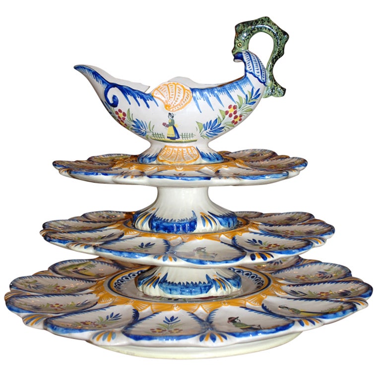 Quimper, Three Tier Oyster Server with Sauce Boat at 1stDibs