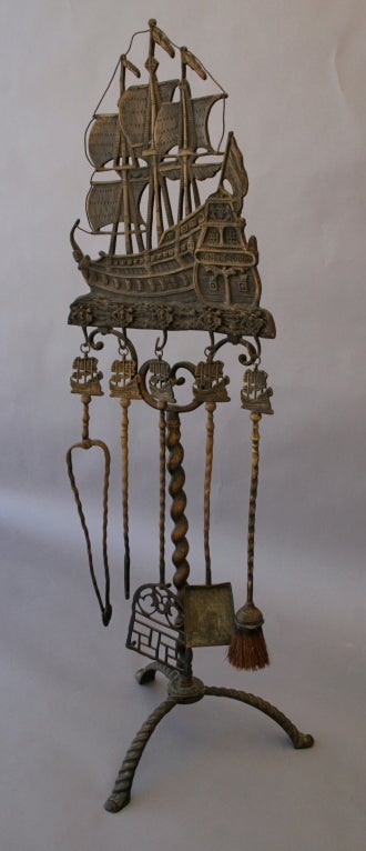 Oscar Bach Galleon Motif Fire Tool Set at 1stDibs