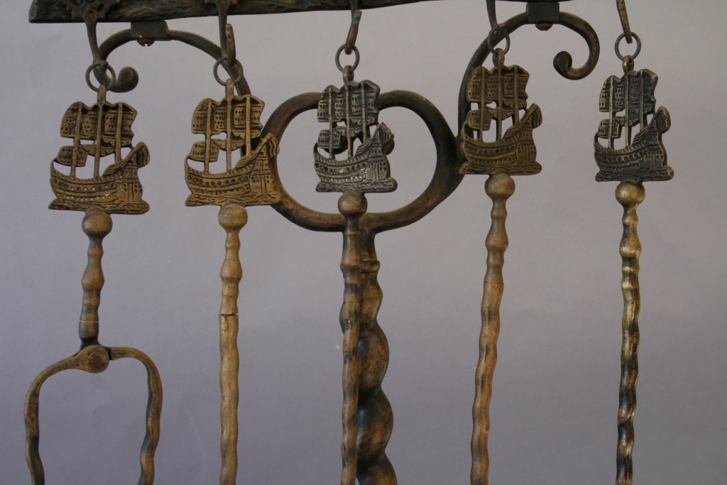 Oscar Bach Galleon Motif Fire Tool Set at 1stDibs