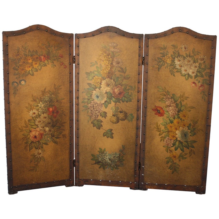 Three Paneled Painted Folding Screen at 1stDibs