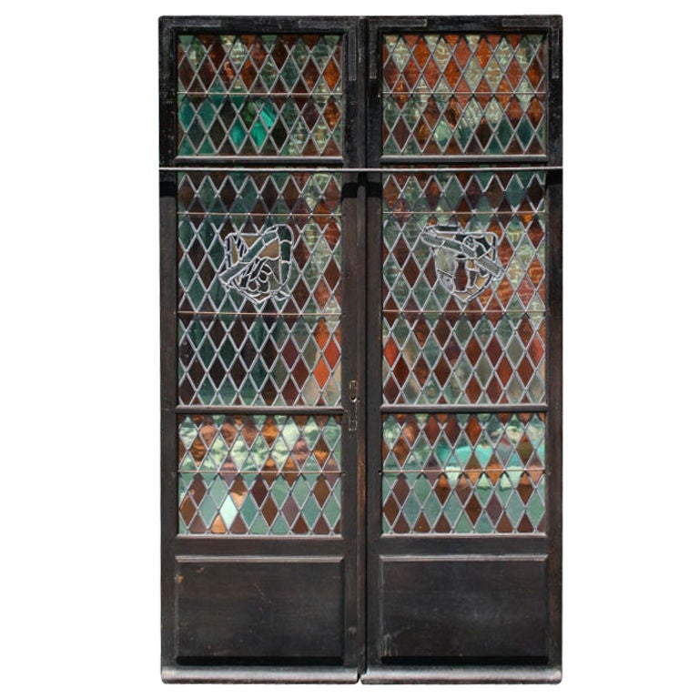 Pair Diamond-Paned Stained Glass Doors w/ Musical Motif at 1stDibs