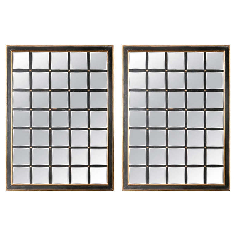Pair of Modern Black and Gilt Windowpane Mirrors with Beveled Panels at ...