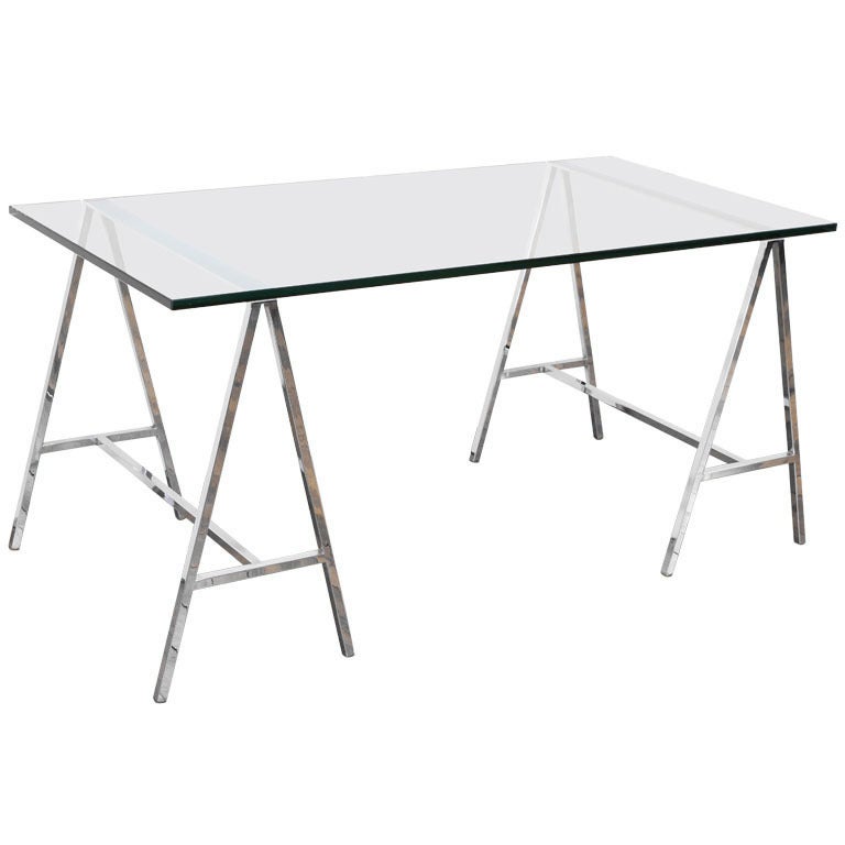 1970's Chromed Steel and Glass Trestle Table or Desk at 1stDibs