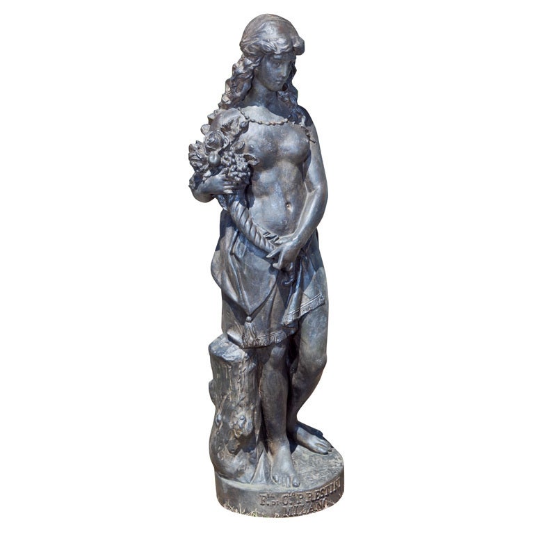Fine Italian Period Signed Statue of Woman with Cornucopia at 1stDibs