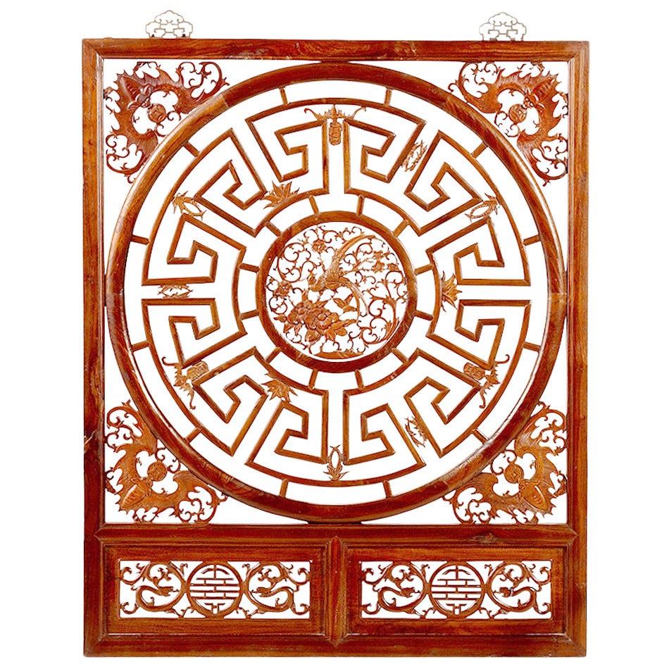 Antique Chinese 1900s Fretwork Panel with Geometric Maze, Bird and Bat ...