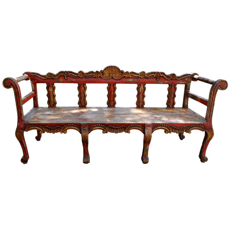 Red polychrome 18th Century Spanish Colonial Style bench at 1stDibs