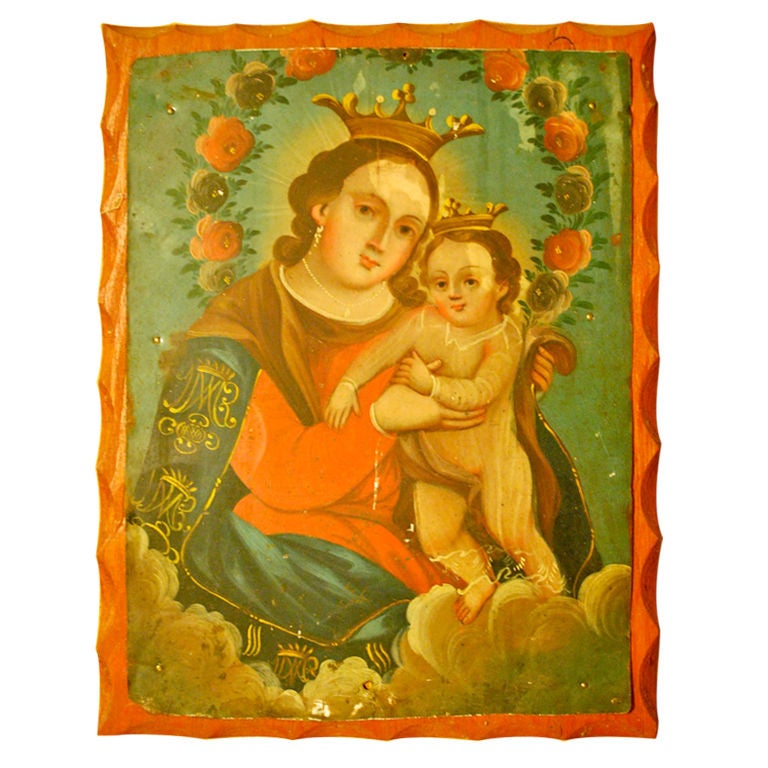Beautiful Antique Mexican Retablo Painting Madonna and Child at 1stDibs