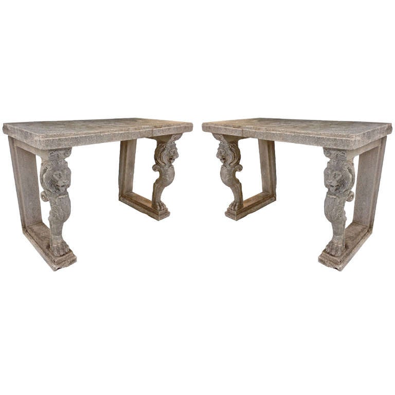 Pair of 19th Century Cast Stone Monopod Lion Console Tables at 1stDibs