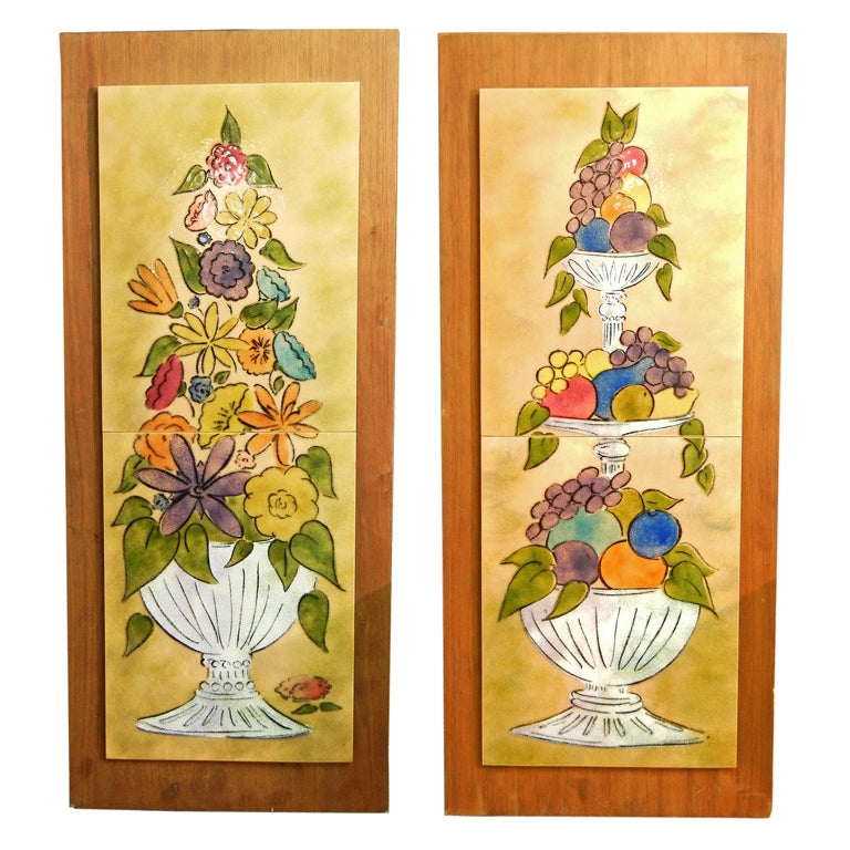 Pair of Fine Panels with Fruit and Flowers, Enamel on Walnut For Sale ...