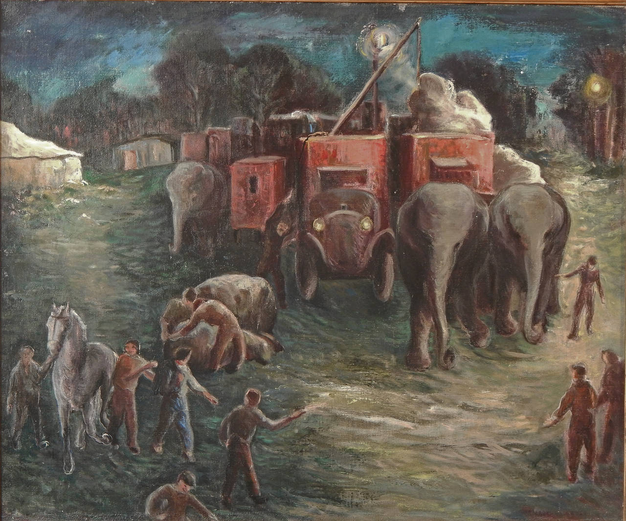"Circus Setting Up at Night, " Atmospheric Social Realism Painting ...