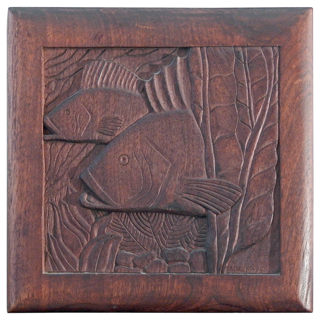 "Fish and Seaweed," Art Deco Bas Relief Panel, Sculpted Walnut at 1stDibs