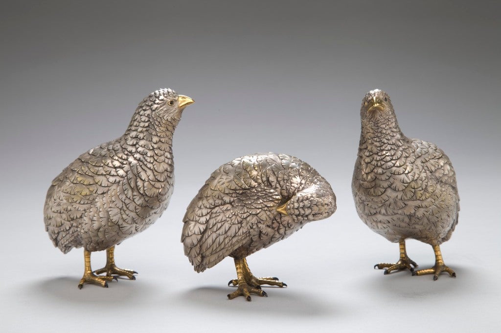 Set of Three Meiji-Period Silvered-Bronze Quail at 1stDibs