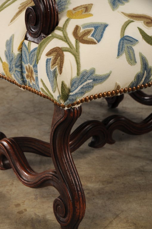 Louis XIII Style Walnut Armchair, France c. 1880, Covered in Crewel ...