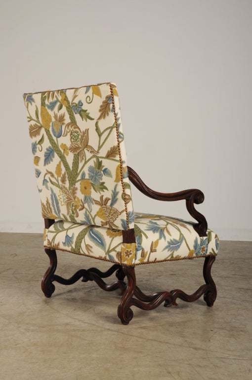 Louis XIII Style Walnut Armchair, France c. 1880, Covered in Crewel ...