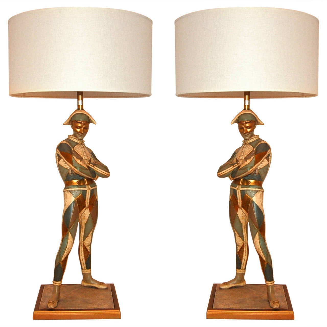 Commanding Pair of Italian Harlequin Jester Lamps by Marbro, Signed and ...