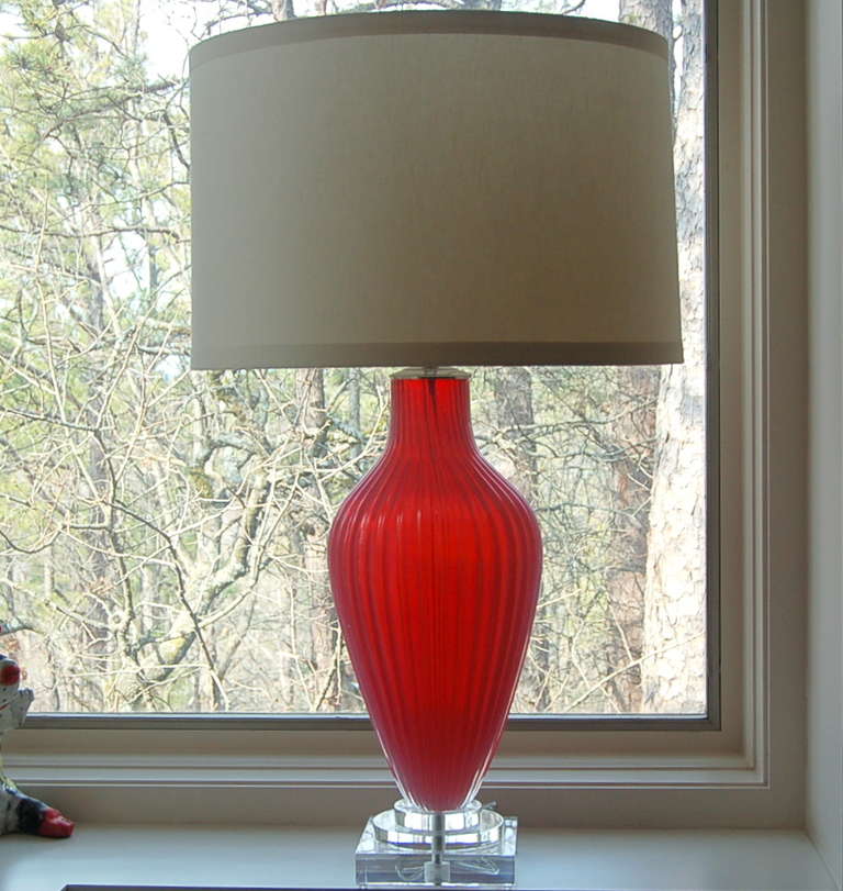 Pair of Vintage Murano Opaline Lamps in Raspberry by Marbro at 1stDibs