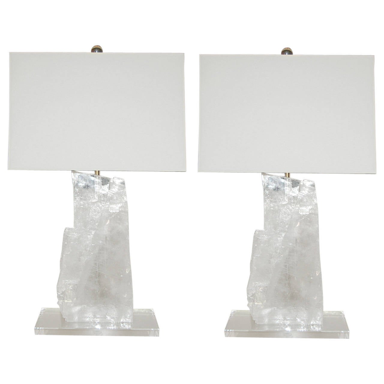 Matched Pair of Selenite Table Lamps on Lucite Plinth at 1stDibs