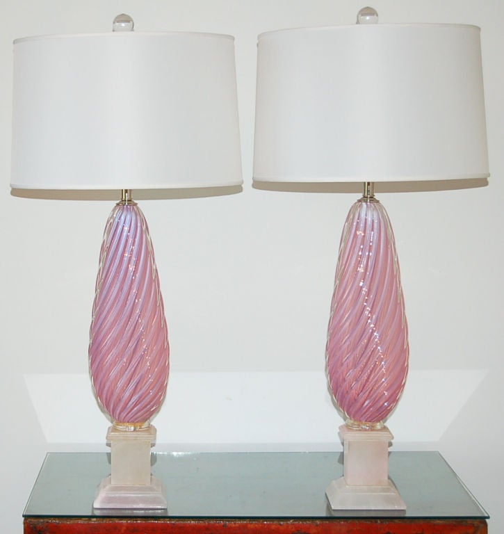 Vintage Pair of Opaline Murano Lamps in Pink Lemonade For Sale at 1stDibs