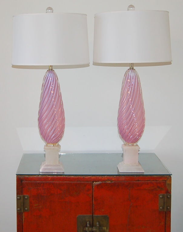 Vintage Pair of Opaline Murano Lamps in Pink Lemonade For Sale at 1stDibs