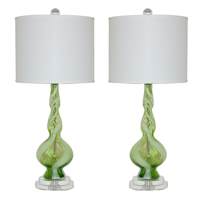 Pair of Vintage Italian Lamps in Apple Green with White Ribbon at 1stDibs