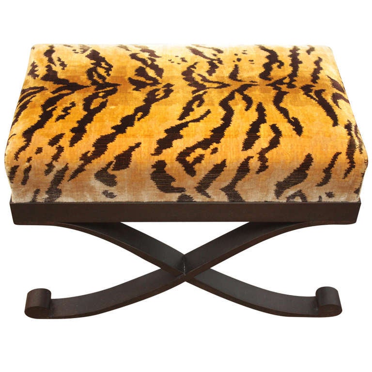 Bronze Stool with Tiger Fabric Upholstery at 1stDibs
