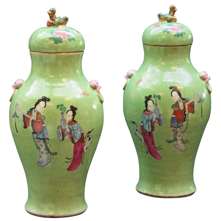 Pair of Green Chinese Jars with Lids at 1stDibs
