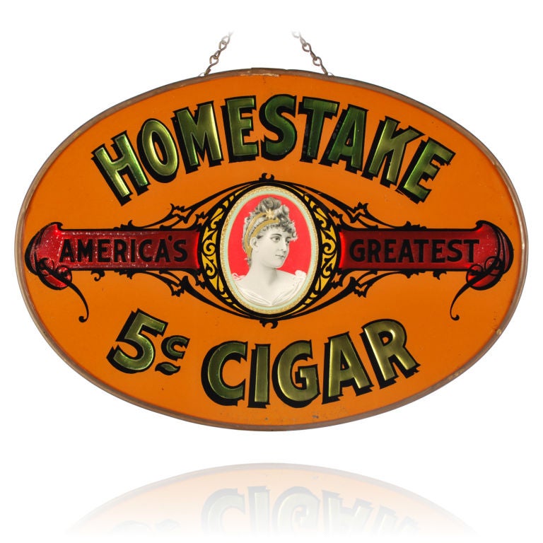 Homestake Cigar Reverse Painted Glass Sign, 1900's at 1stDibs
