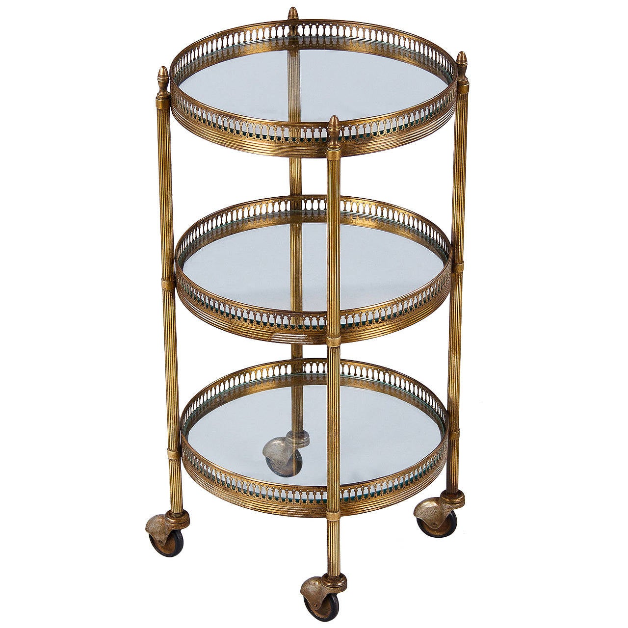 French Mid-Century Round Brass Three-Tier Bar Cart or Side Table at 1stDibs