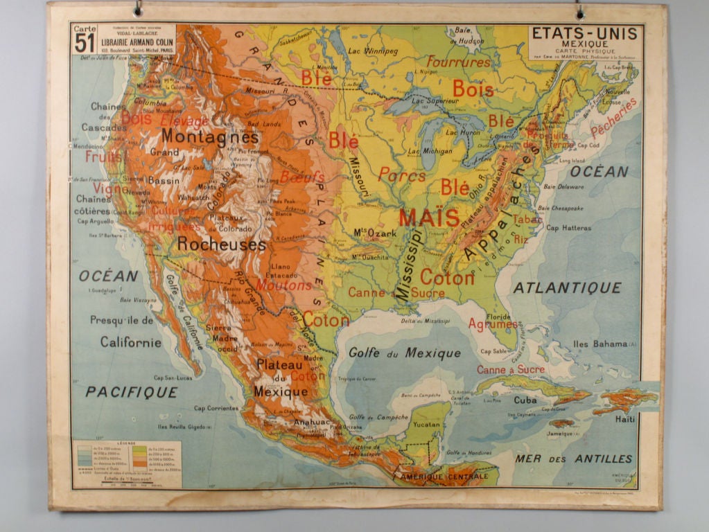 French School Map of USA at 1stDibs