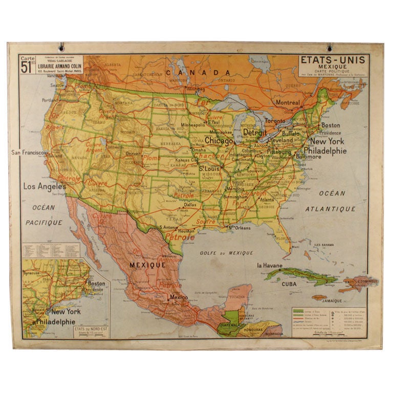 French School Map of USA at 1stDibs