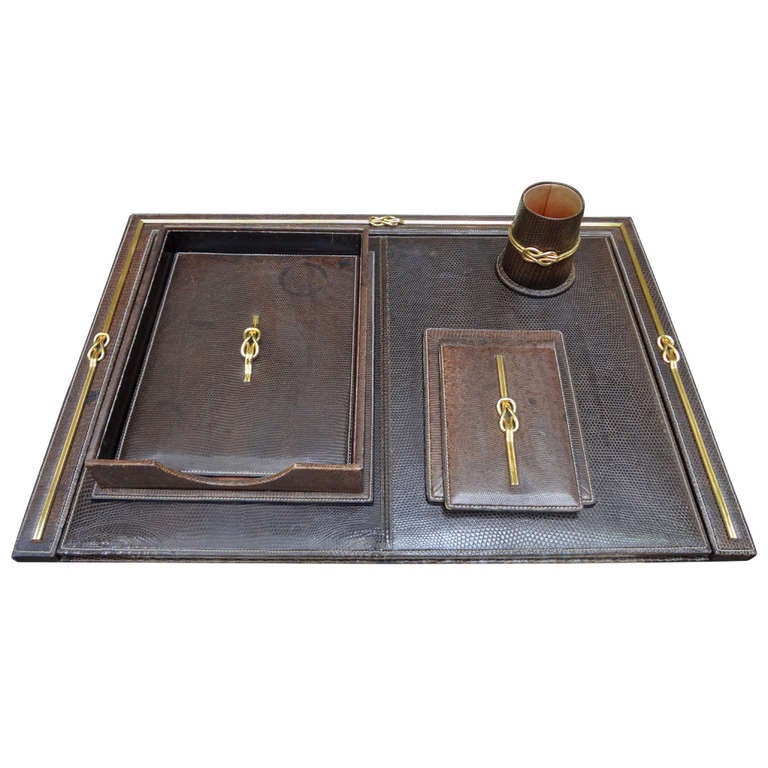 Fabulous 1960's Gucci Chocolate Lizard Skin Desk Set at 1stDibs