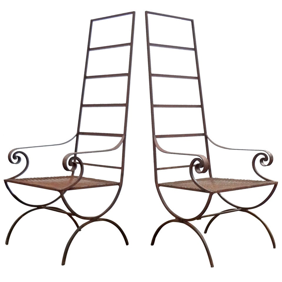 Pair of 1950's Italian Tall Back Wrought Iron Arm Chairs at 1stDibs