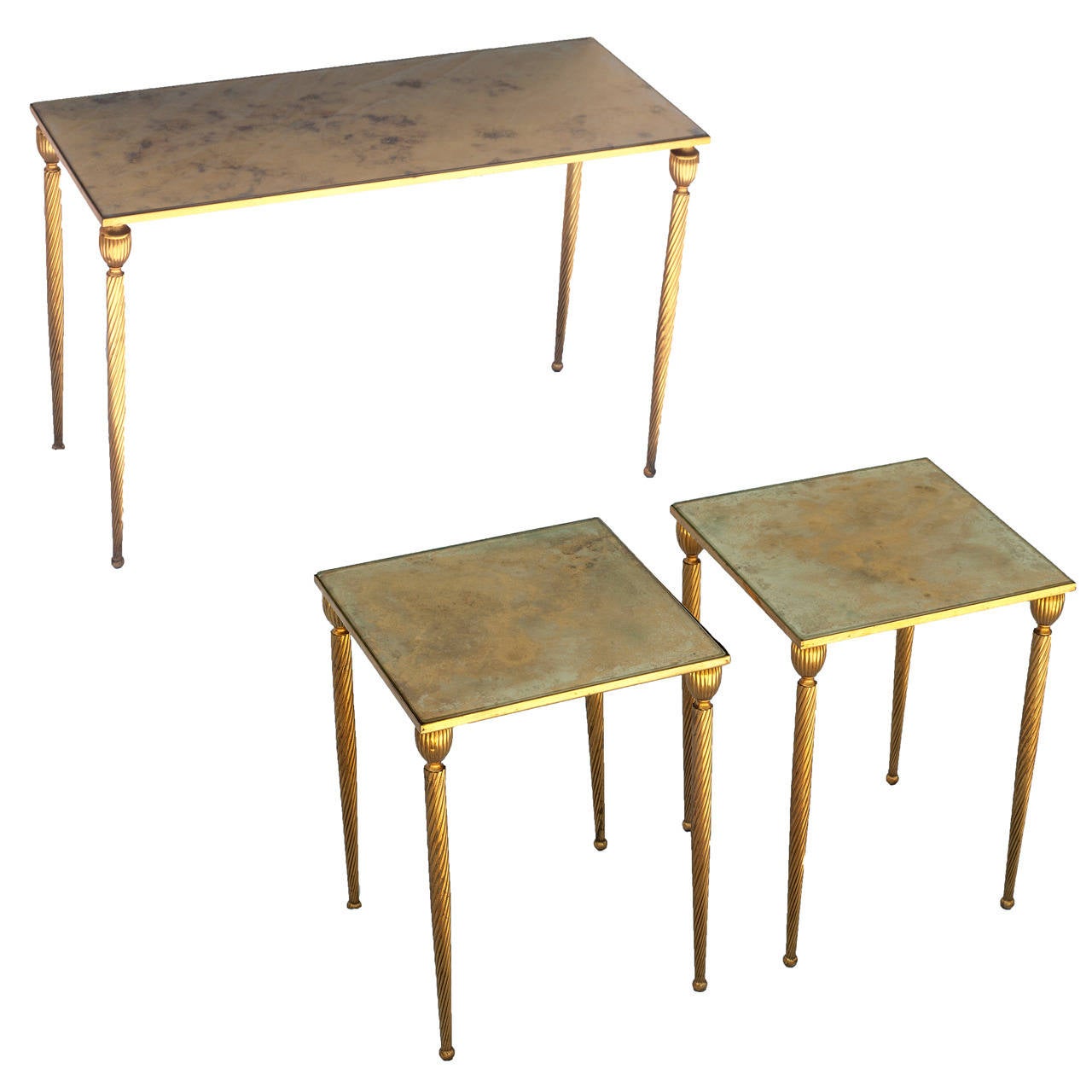 Set of Three Brass Side Tables with Gilt Mirror Tops For Sale at 1stdibs