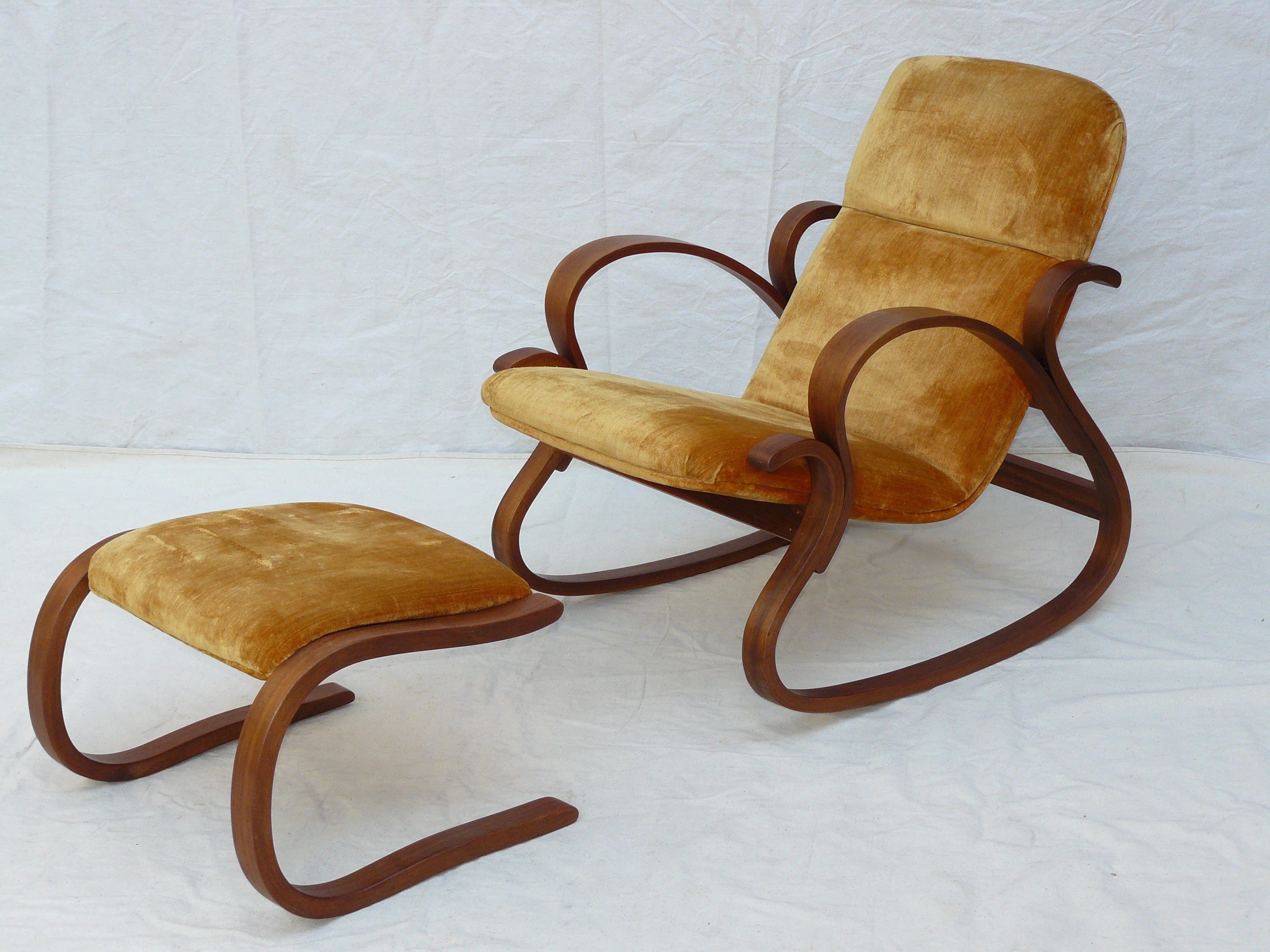 Early Rare Peter Danko Bentwood Rocking Chair and Ottoman at 1stDibs
