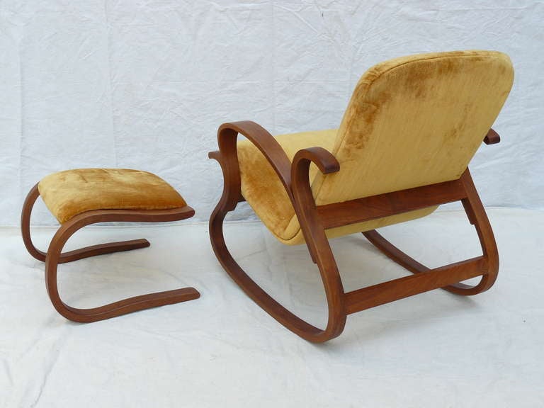 Early Rare Peter Danko Bentwood Rocking Chair and Ottoman at 1stDibs