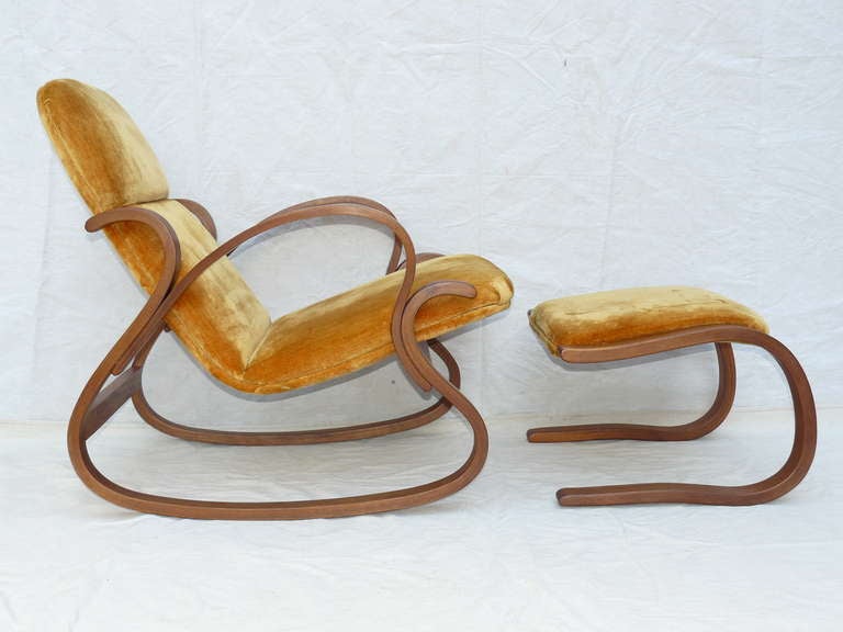 Early Rare Peter Danko Bentwood Rocking Chair and Ottoman at 1stDibs