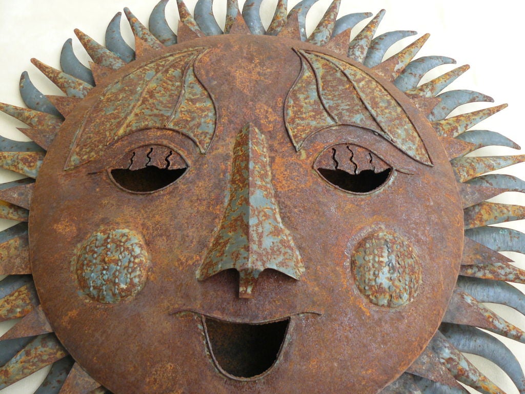 Large 80s Artisan Rusted Sheet Metal Sun Wall Sculpture at 1stDibs