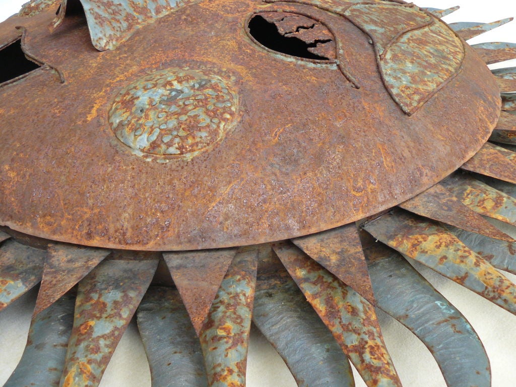 Large 80s Artisan Rusted Sheet Metal Sun Wall Sculpture at 1stDibs
