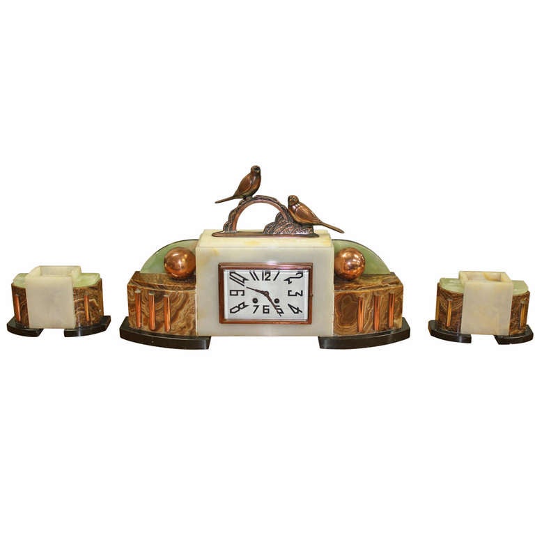 French Art Deco Clock Sculpture Group Bronze Birds at 1stDibs