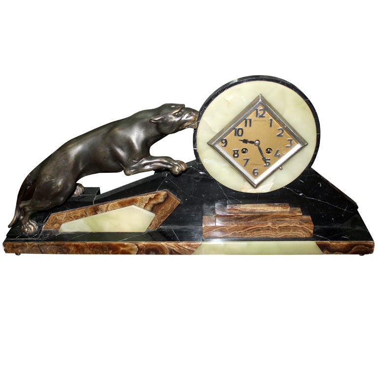 French Art Deco Panther Clock Sculpture at 1stDibs