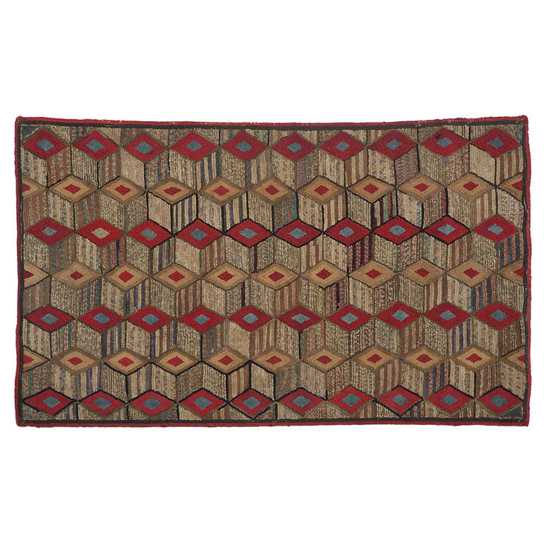 Tumbling Blocks Pattern Hooked Rug For Sale at 1stDibs