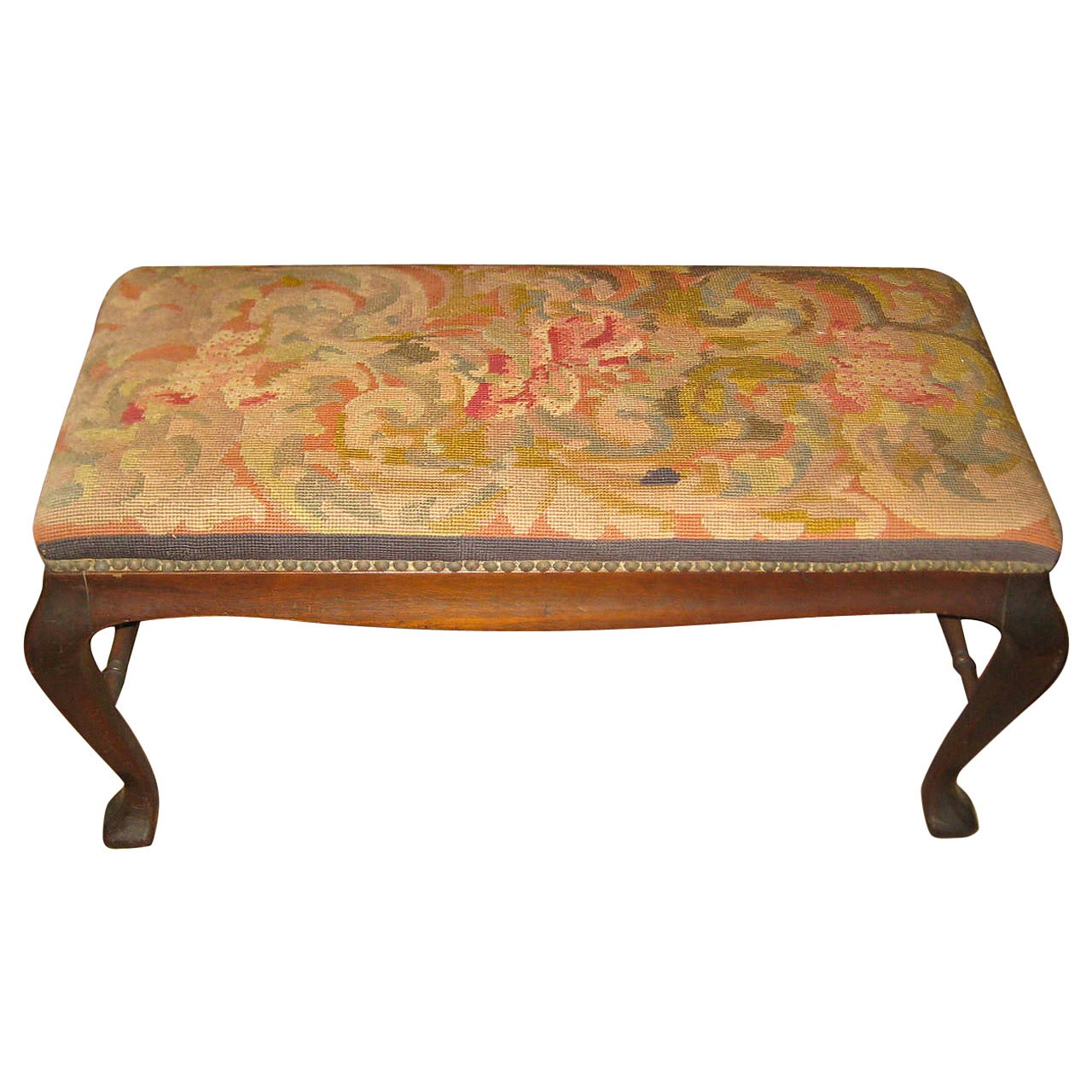 Queen Anne Style Mahogany and Needlepoint Bench For Sale at 1stDibs