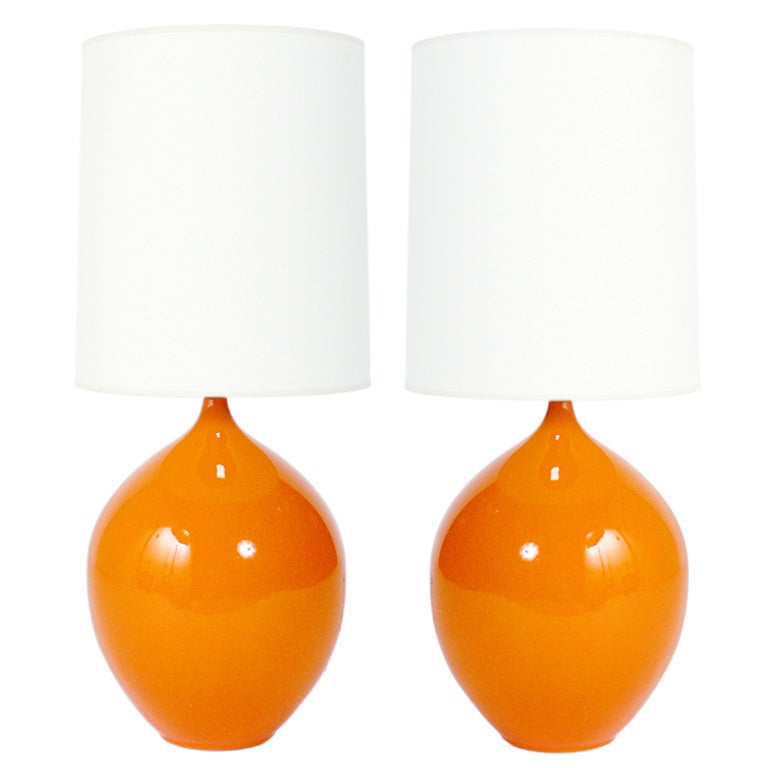 Pair of Vibrant Orange Ceramic Lamps at 1stDibs