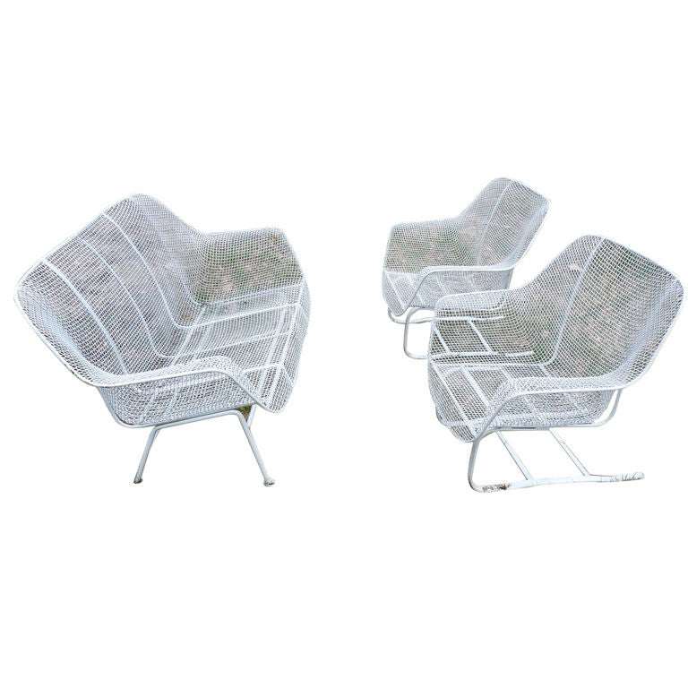 Wire Mesh Settee And Pair Spring Lounge Chairs By Woodard at 1stDibs