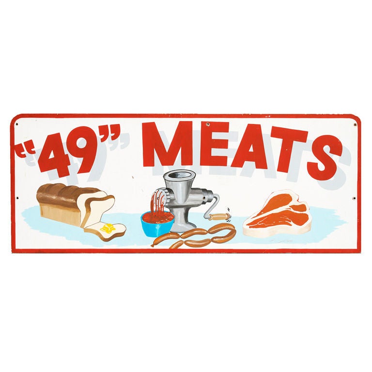 Large Hand Painted "49 MEATS" Butcher Sign at 1stDibs