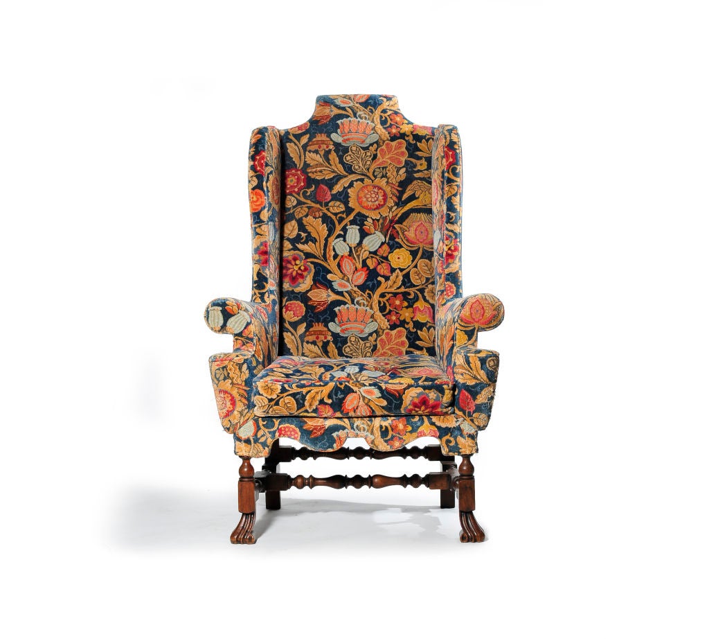 Finely Upholstered Walnut William and Mary Wing Chair at 1stDibs