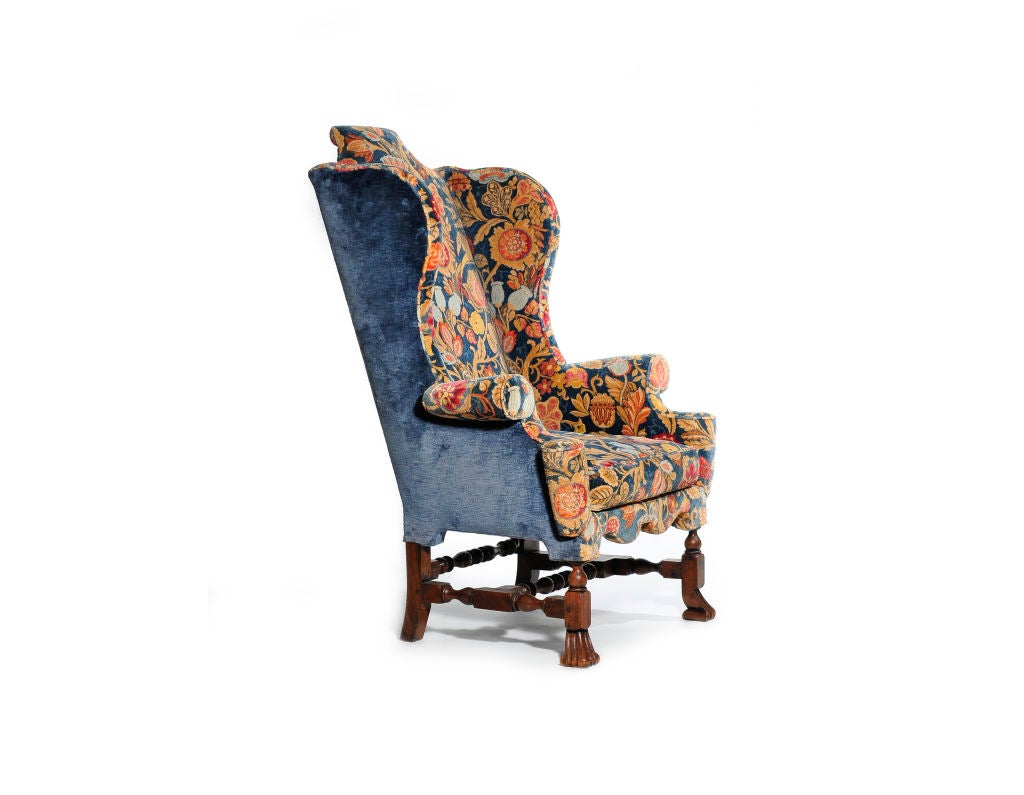 Finely Upholstered Walnut William and Mary Wing Chair at 1stDibs