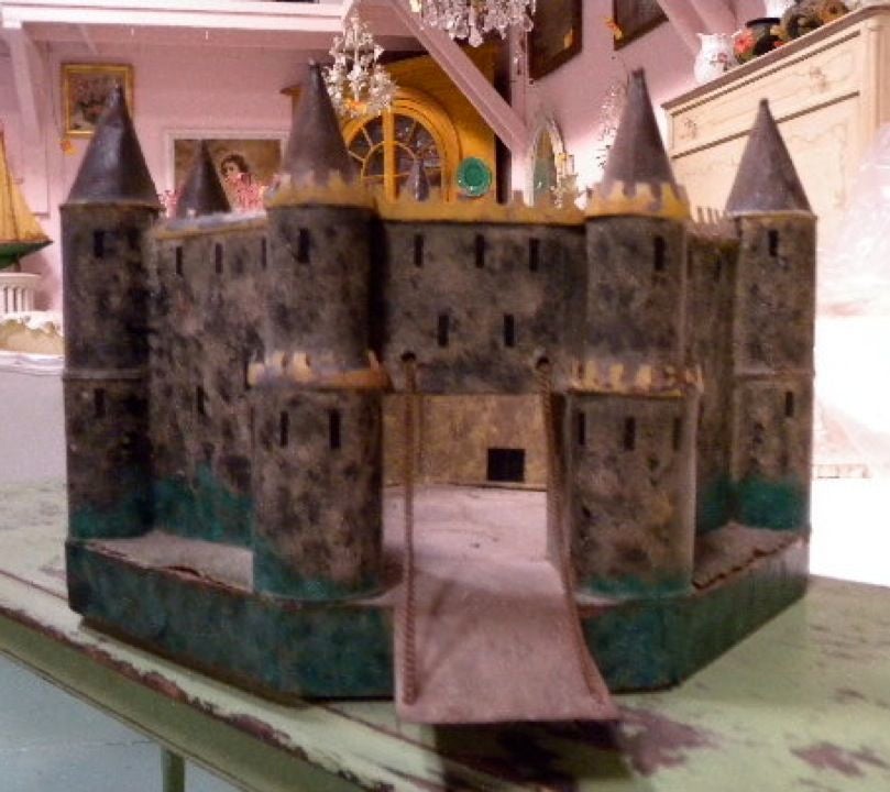 1940's Folk Art Hand Painted Tole French Castle Toy For Sale at 1stDibs
