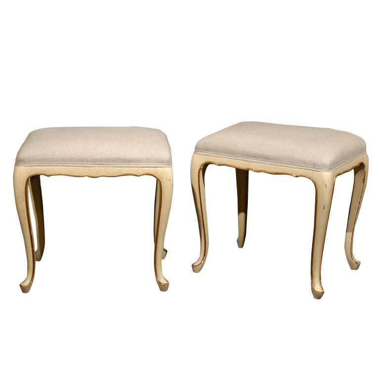 A Pair of French Vintage Louis XV Style Painted Stools with Gilt ...