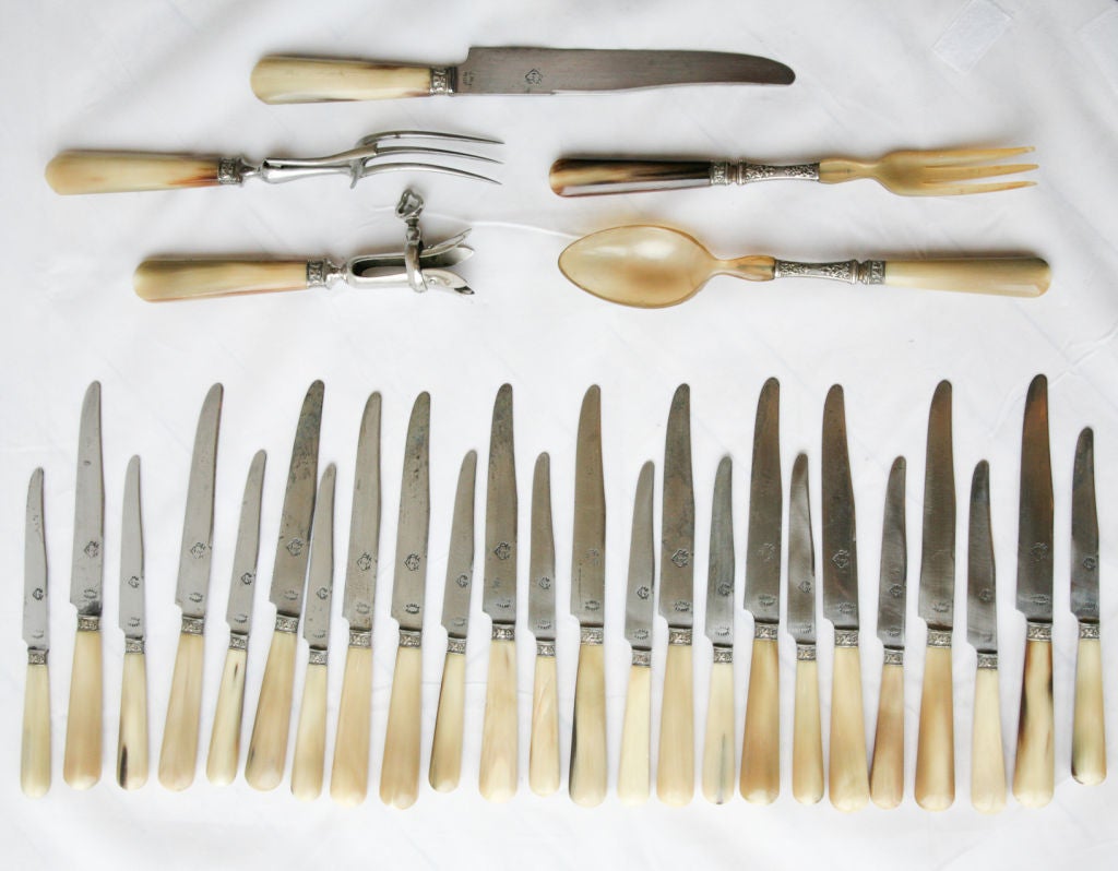 Boxed Set Of Bone Handle Knives And Serving Tableware For Sale at 1stDibs